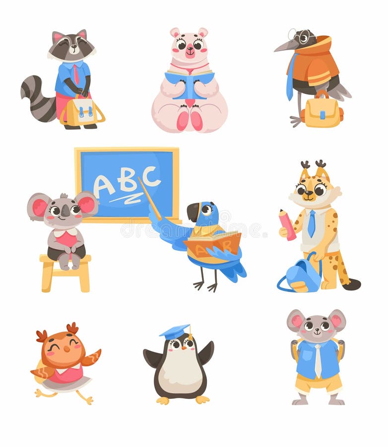 Animals Students at School Studying Having Lesson Vector Set Stock ...