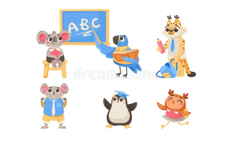 Animals Students at School Studying Having Lesson Vector Set Stock ...