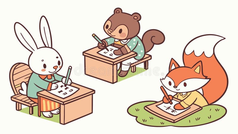 Animals Studying at Desks: Rabbit, Squirrel, Fox Learning. Vector ...