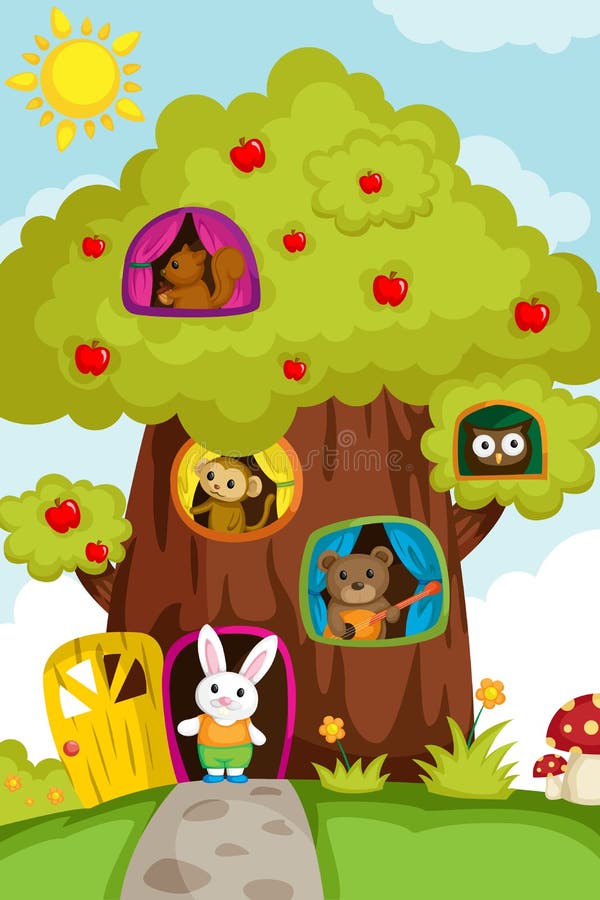 Animals in a treehouse stock vector. Illustration of outdoor - 25596938