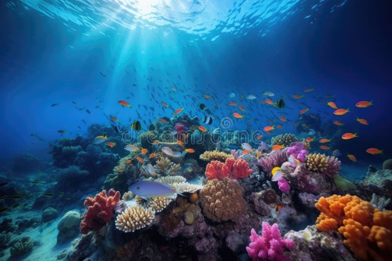 Animals of the Underwater World with Sun Rays. Coral Reef and Fish ...