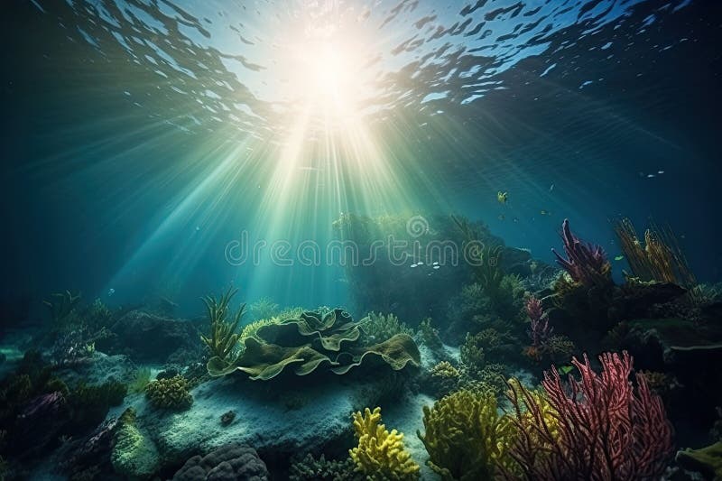 Animals of the Underwater World with Sun Rays. Coral Reef and Fish ...