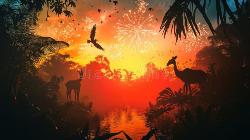 Animals Watch Fireworks in a Jungle at Sunset with Silhouettes Theme ...