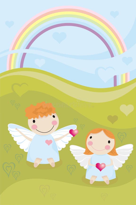 Animated Angels on the Nature and a Rainbow Stock Vector - Illustration ...