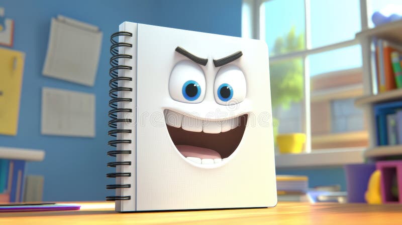 Animated Angry Notebook Character on Desk in Classroom Stock Image ...
