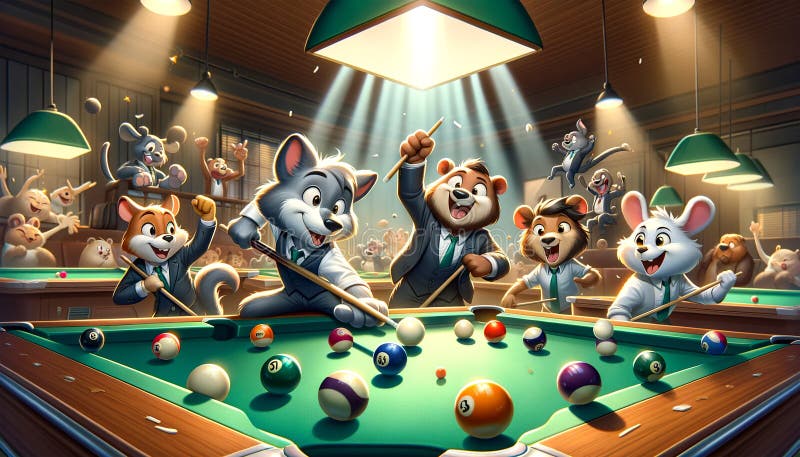 Animated Animals Playing Pool in a Lively Bar Setting. Stock Image ...