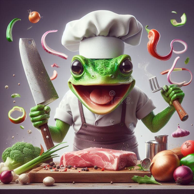 Animated Anthropomorphic Frog Chef Enthusiastically Prepares a Meal in a Kitchen Setting Stock ...