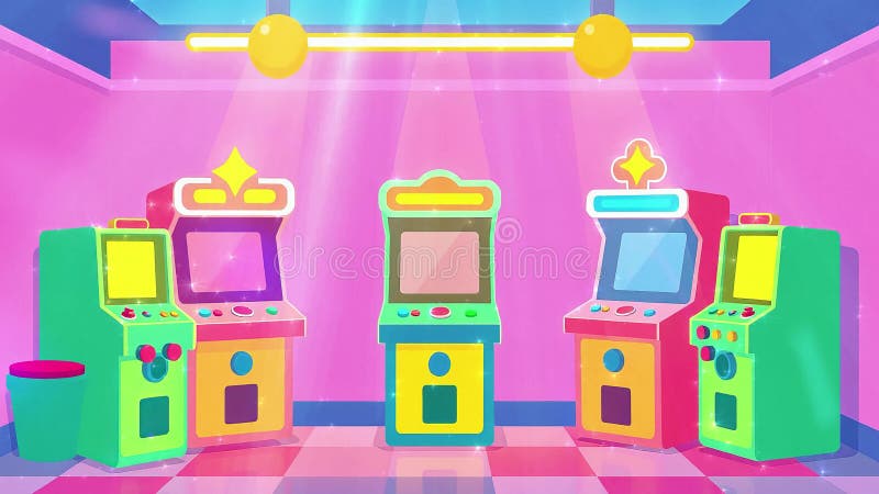 Animated Arcade Room with Game Machines in Pink Interior Environment ...