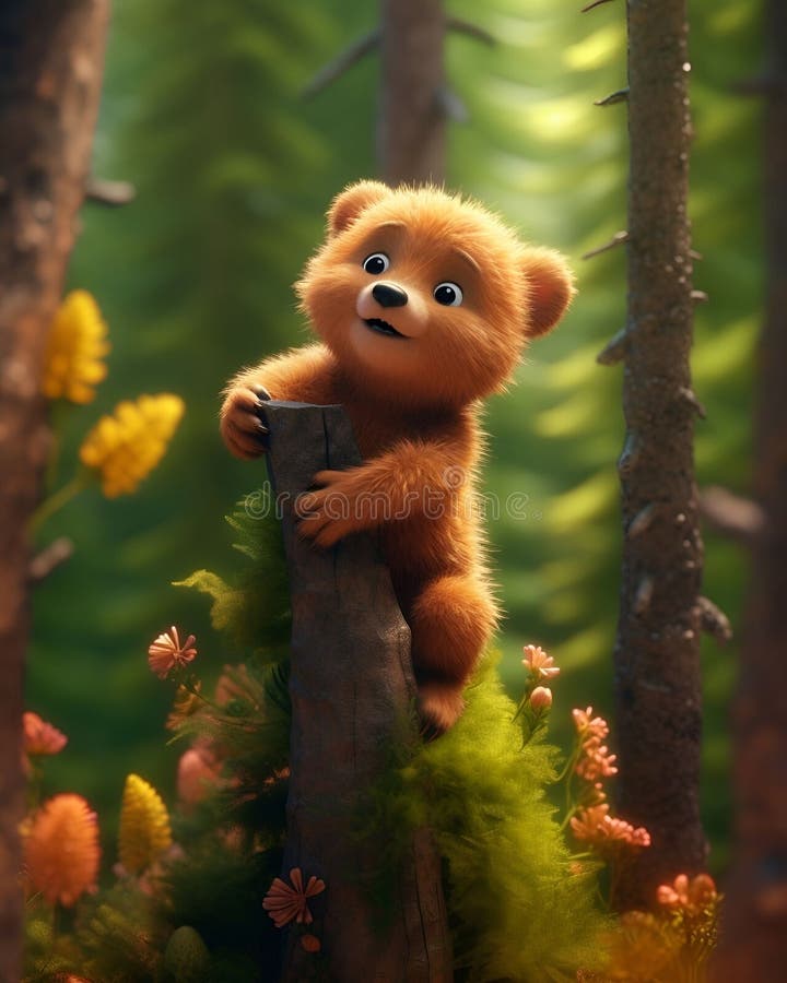 Animated Baby Bear Character on a Wooden Post in a Forest, AI-generated ...