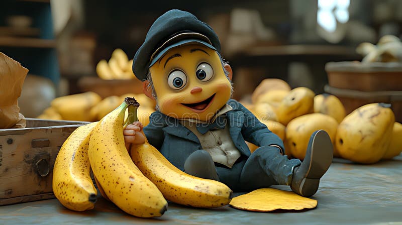 Animated Banana Seller Holding Fruit in Rustic Shop Stock Illustration ...