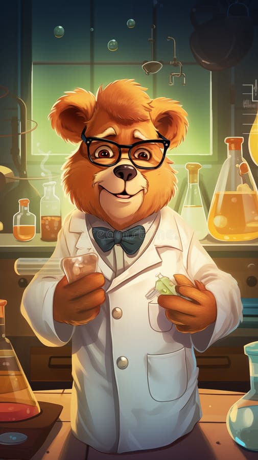 Animated Bear Character in Lab Coat Performing a Chemistry Experiment ...