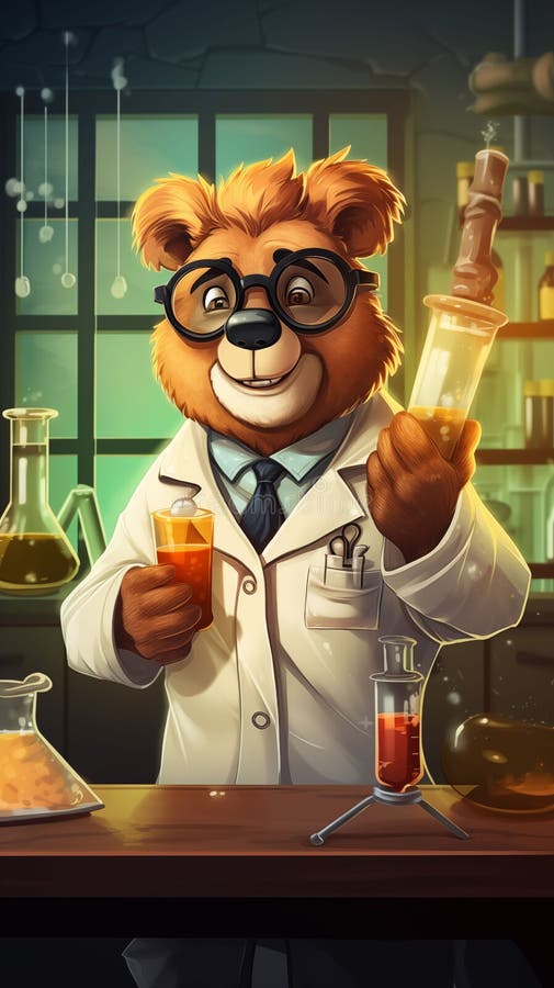 Animated Bear Character in Lab Coat Performing a Chemistry Experiment ...