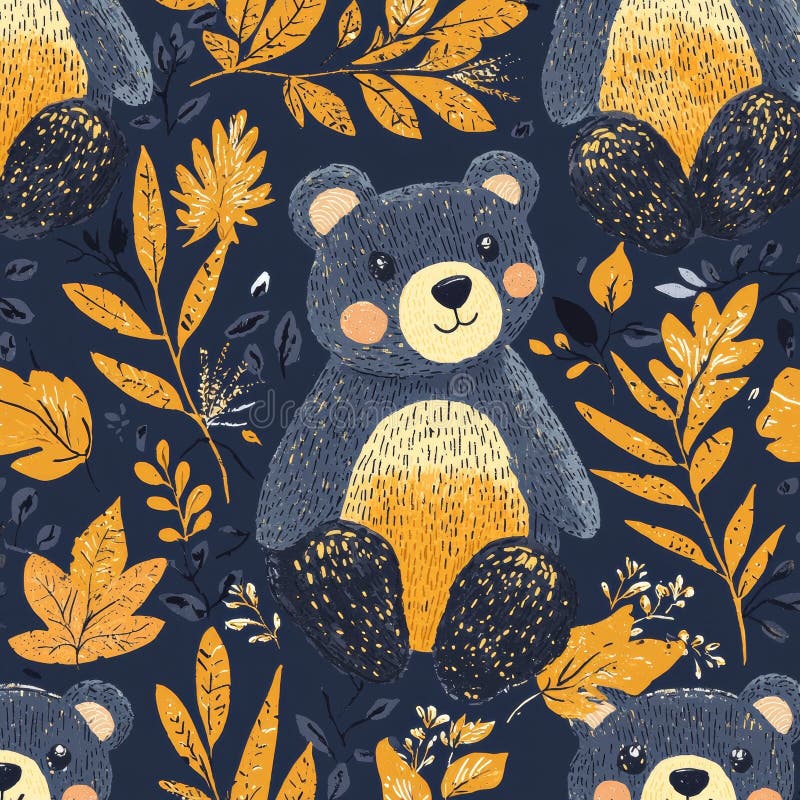 Animated Bear and Floral Pattern Seamless Repeat Illustration Stock ...