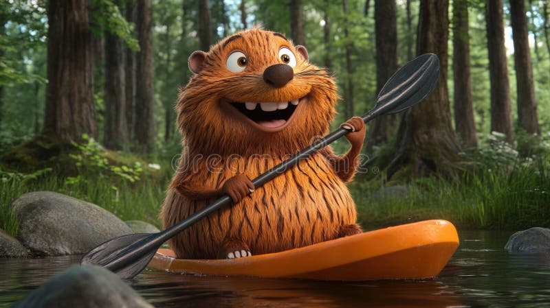 Animated Beaver Kayaking in Forest Stream with Paddle Stock Image ...