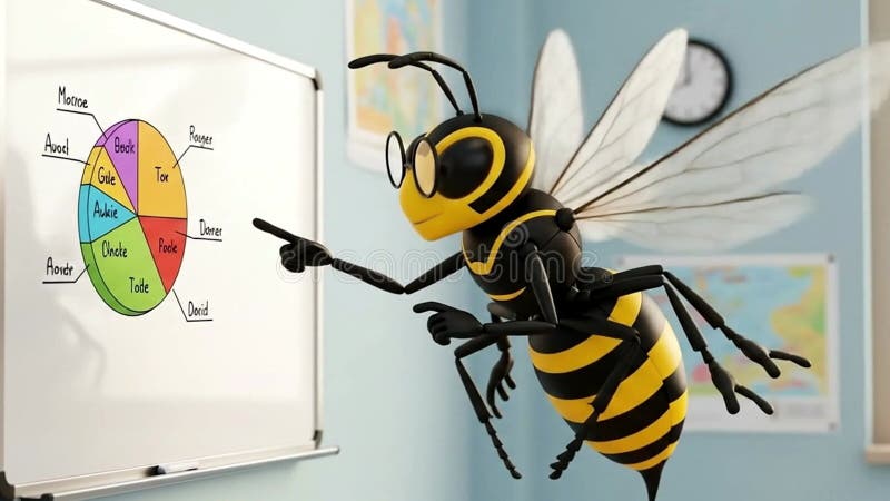 Animated Bee Explaining Pie Chart on Whiteboard in Classroom Stock ...