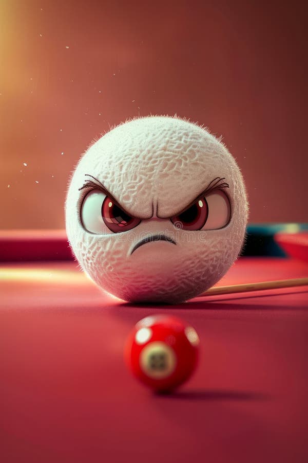 Animated Billiard Ball with Angry Expression on Red Pool Table Next To ...