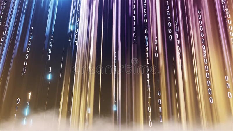 Digital Binary Code Rain Falling Vertically with Blue Purple Gradient Light Streaks and Glowing ...