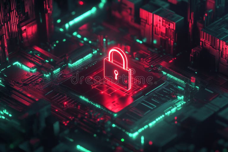 An Animated Binary Code Surrounds a Padlock Icon on a Computer Screen, Emphasizing the ...