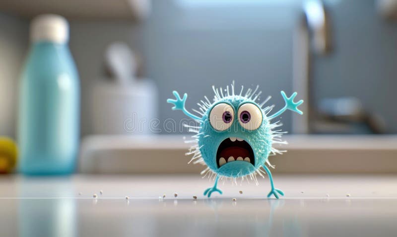 A Scared Cartoon Germ with Raised Hands Stands on a Clean Kitchen ...