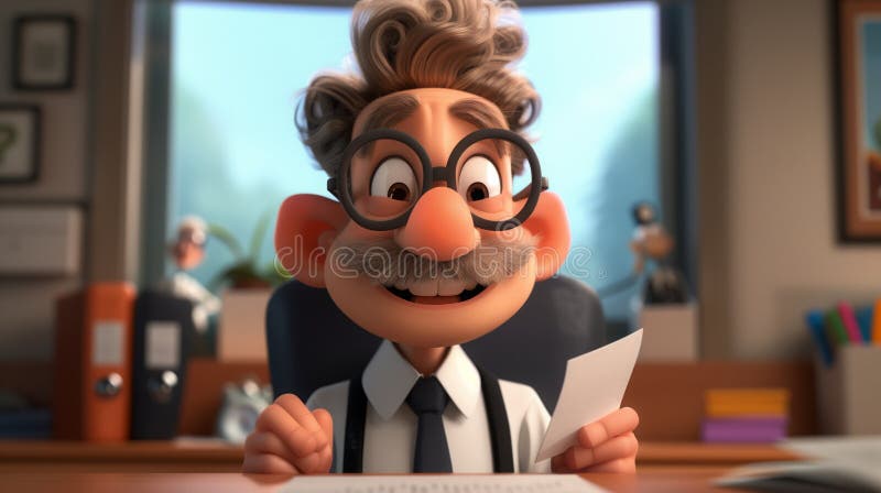 Animated Boss with Glasses and Mustache Reads a Card while Smiling ...