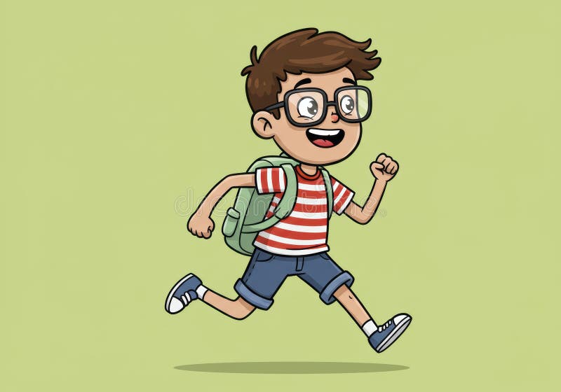 Cartoon Boy Running with Backpack and Glasses Illustration Stock ...