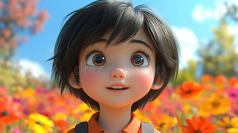 Animated Boy Child, Bright Eyes, Cheerful Expression, Surrounded by ...