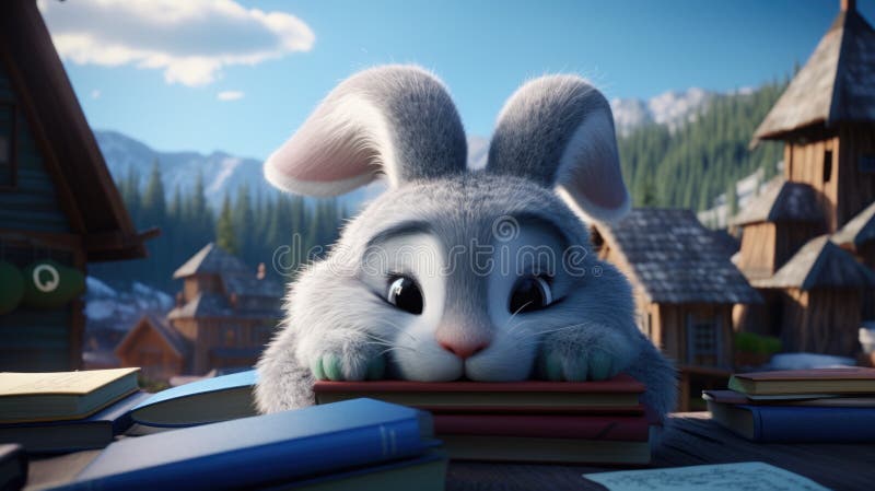 Animated Bunny with Books in Snowy Village Stock Illustration ...
