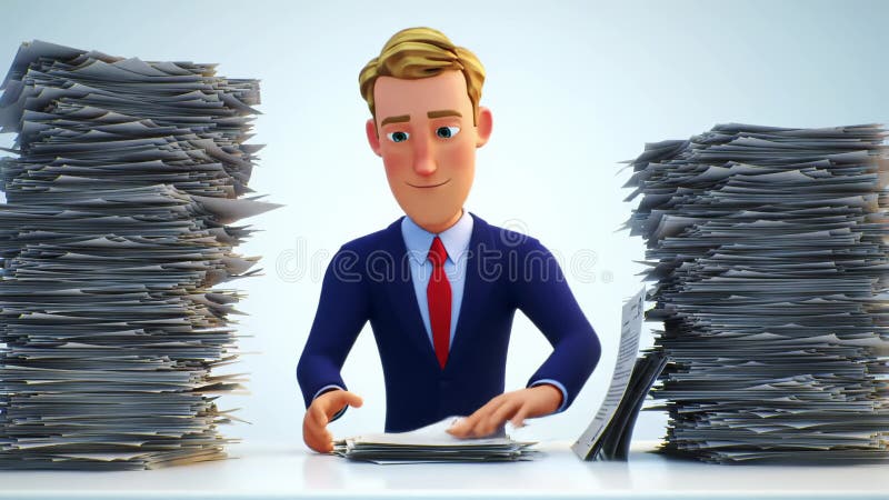 Animated Business Man Sorting through Piles of Documents at Office Desk ...