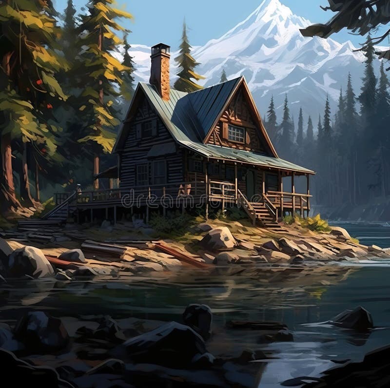 Animated of Cabin House with Lake and Mountain in the Forest Stock ...