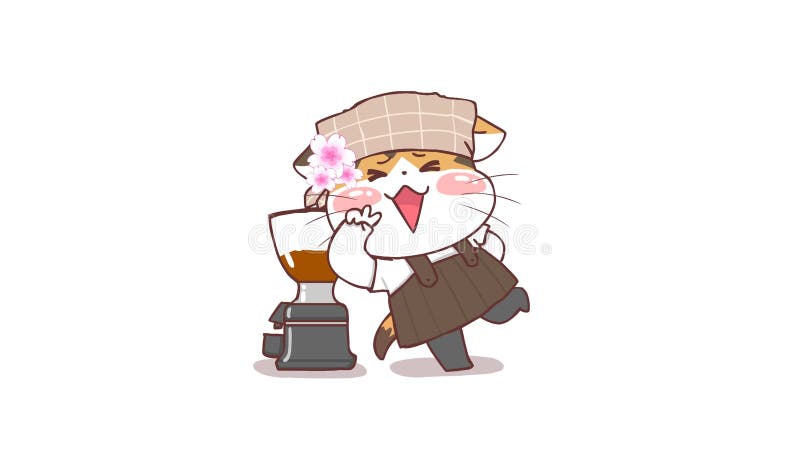Animated Cafe Cat Staff with Coffee Machine - White Background Stock ...