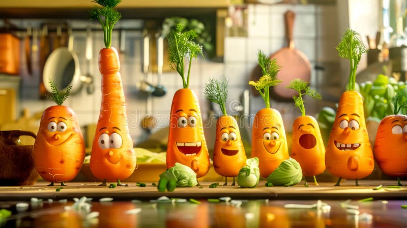 Happy Carrot Characters in Kitchen Stock Image - Image of cartoon ...