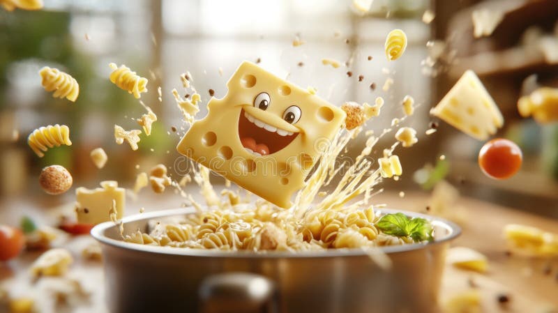 Animated Cartoon Cheese with Happy Face Flying Above Pasta in Kitchen ...