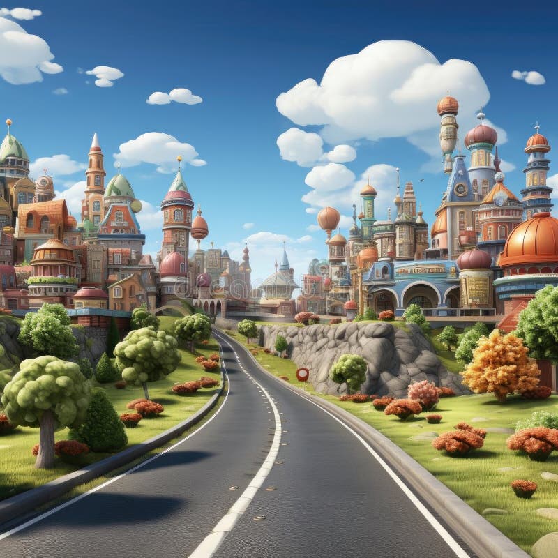 Animated Cartoon City with Bulbous Structures and Fantastical Elements ...