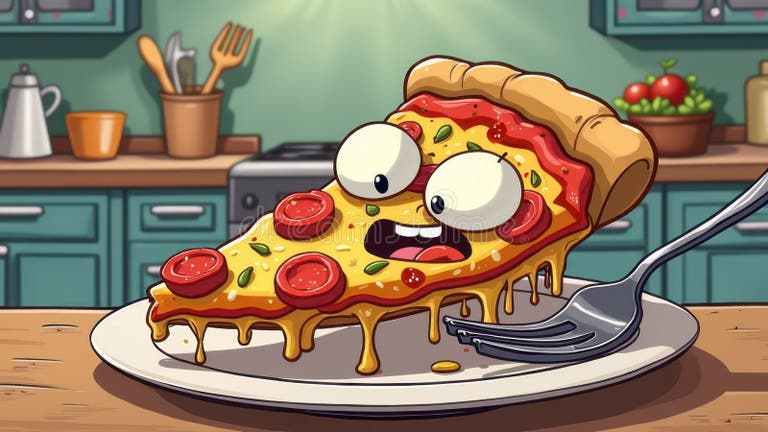 Animated Cartoon Pizza Slice with Pepperoni and Funny Eyes in a Kitchen ...