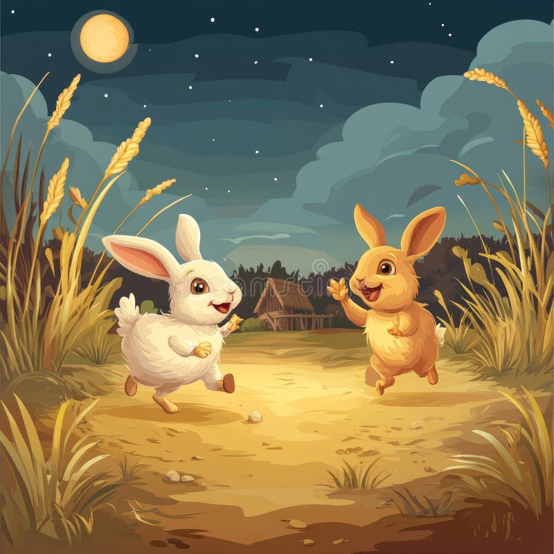An Animated Cartoon Rabbit and Chick Play in a Night Landscape Stock ...