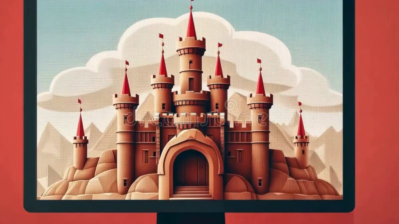 Animated Castle on Computer Screen Transforms into Fantasy Landscape ...
