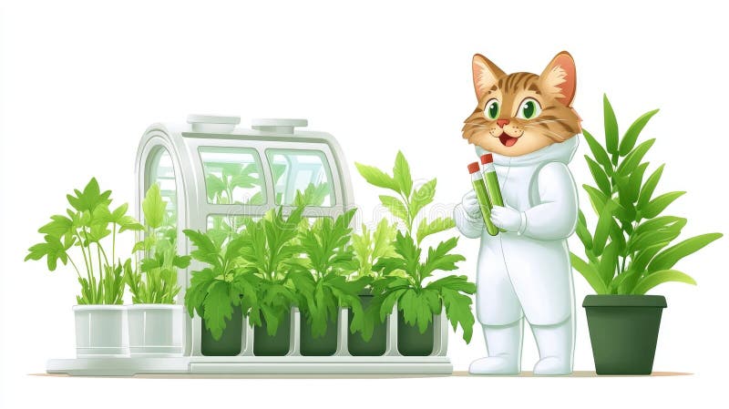 Animated Cat Scientist with Test Tubes in Laboratory Greenhouse Stock ...