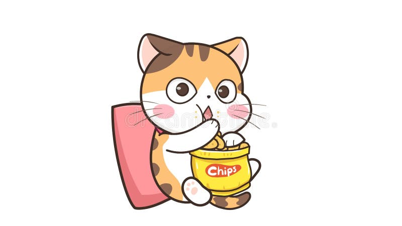 Animated Cat Sitting and Eating Potato Chips White Background Stock ...