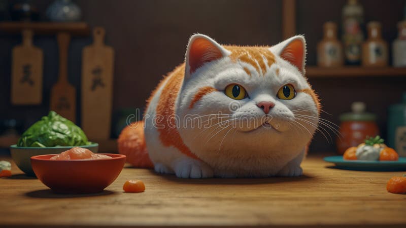 Animated Cat with Sushi in Cozy Japanese Kitchen Stock Illustration ...