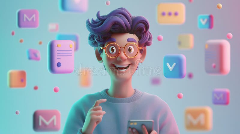 Animated Character with Apps Floating Around and a Digital Tablet ...