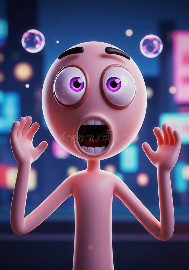 Cartoon Character Expressing Shock with Open Mouth Against a Cityscape ...