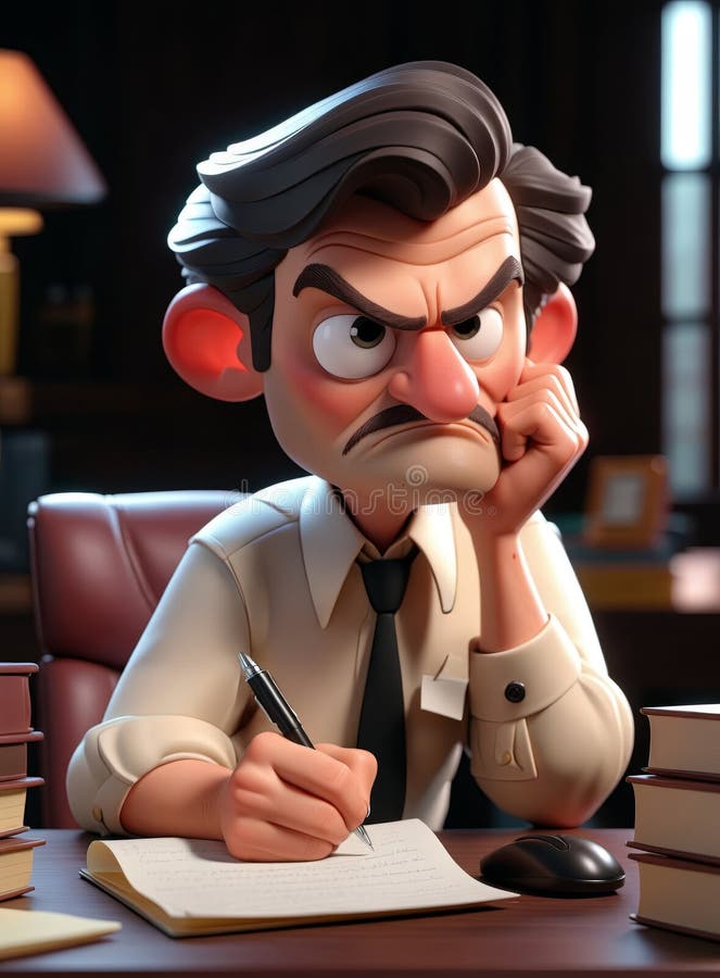 Animated Character of Frustrated Office Worker at Desk with Papers and ...