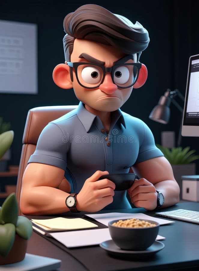 Animated Character with Glasses Sitting at Desk Holding Gaming ...