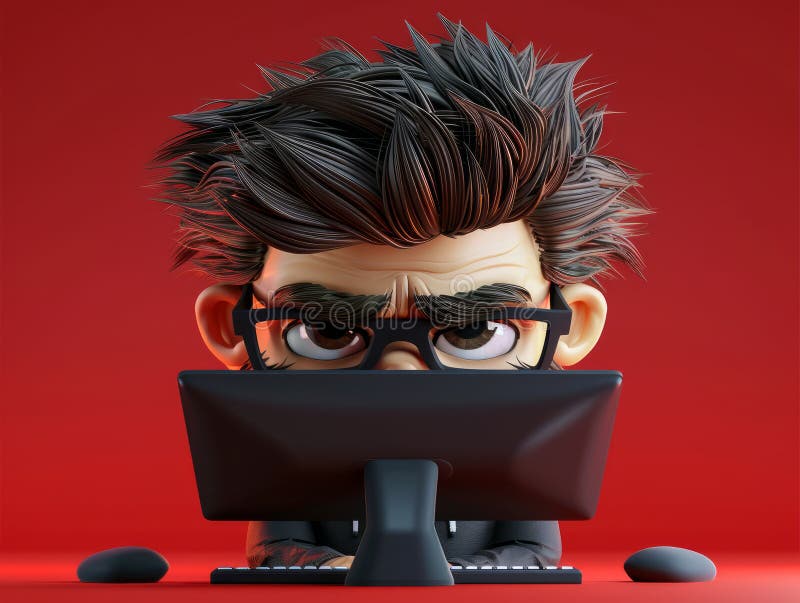 Animated Character with Glasses Working on Computer, Intense Expression ...