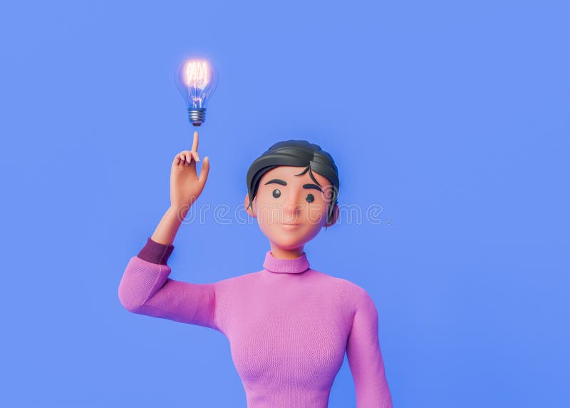 3D Cartoon with Lightbulb Idea Stock Illustration - Illustration of ...