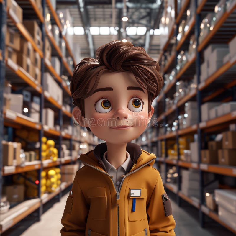 Animated Character in Modern Warehouse Setting with Shelves and Boxes ...