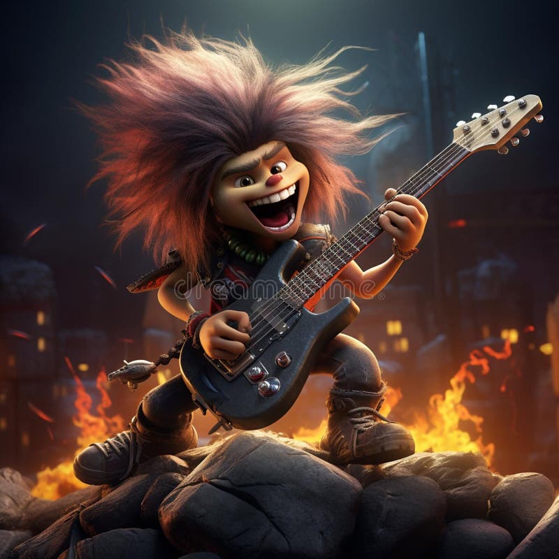 Animated Character Strumming an Electric Guitar in Front of a Dark ...
