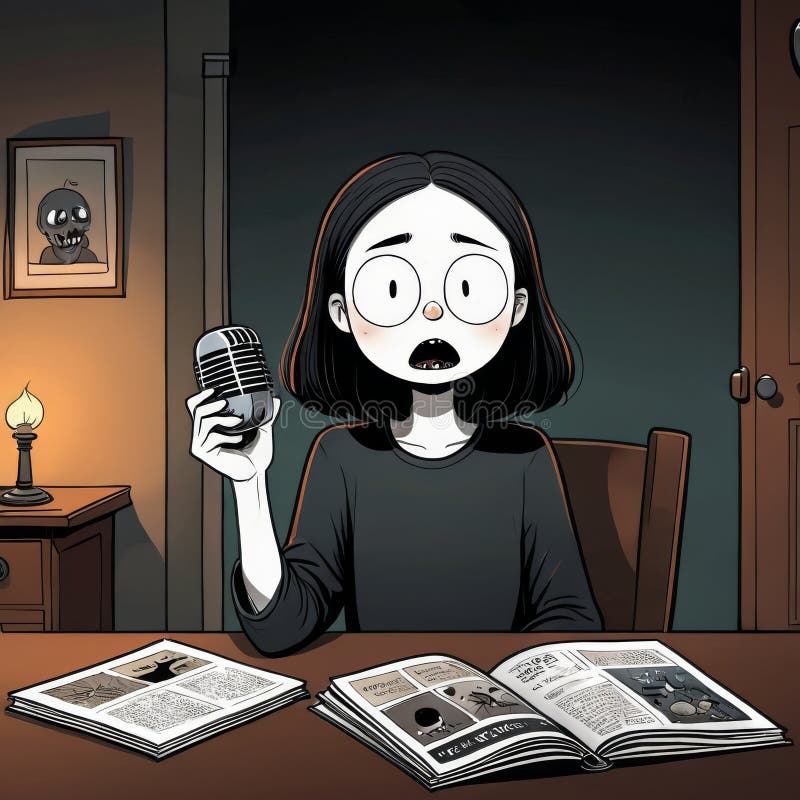 Cartoon Character Reading a Comic with Microphone in Hand Stock ...