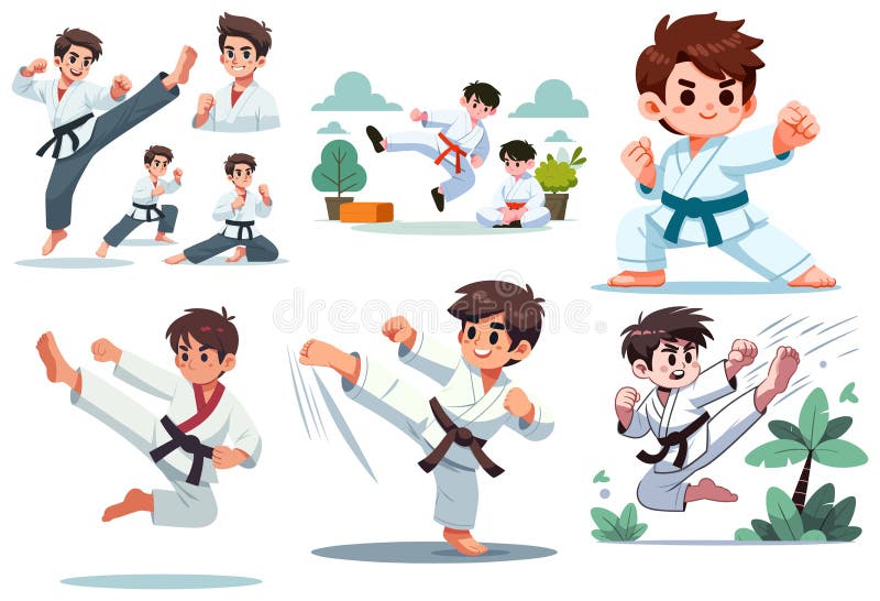 Karate Kids in Dynamic Poses, Cartoon Style, Energetic Illustration for ...