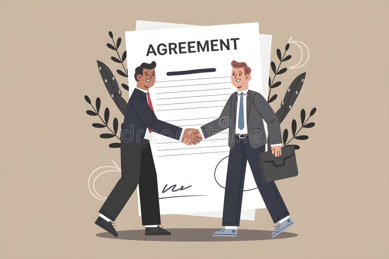 Animated Characters Shaking Hands in Front of Agreement Paper, Formal ...